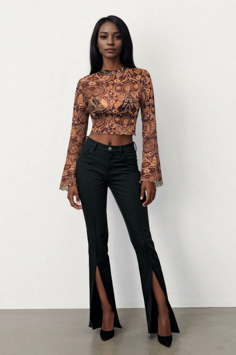 Printed Mock Neck Flare Sleeve Top – Nina Cheyenne